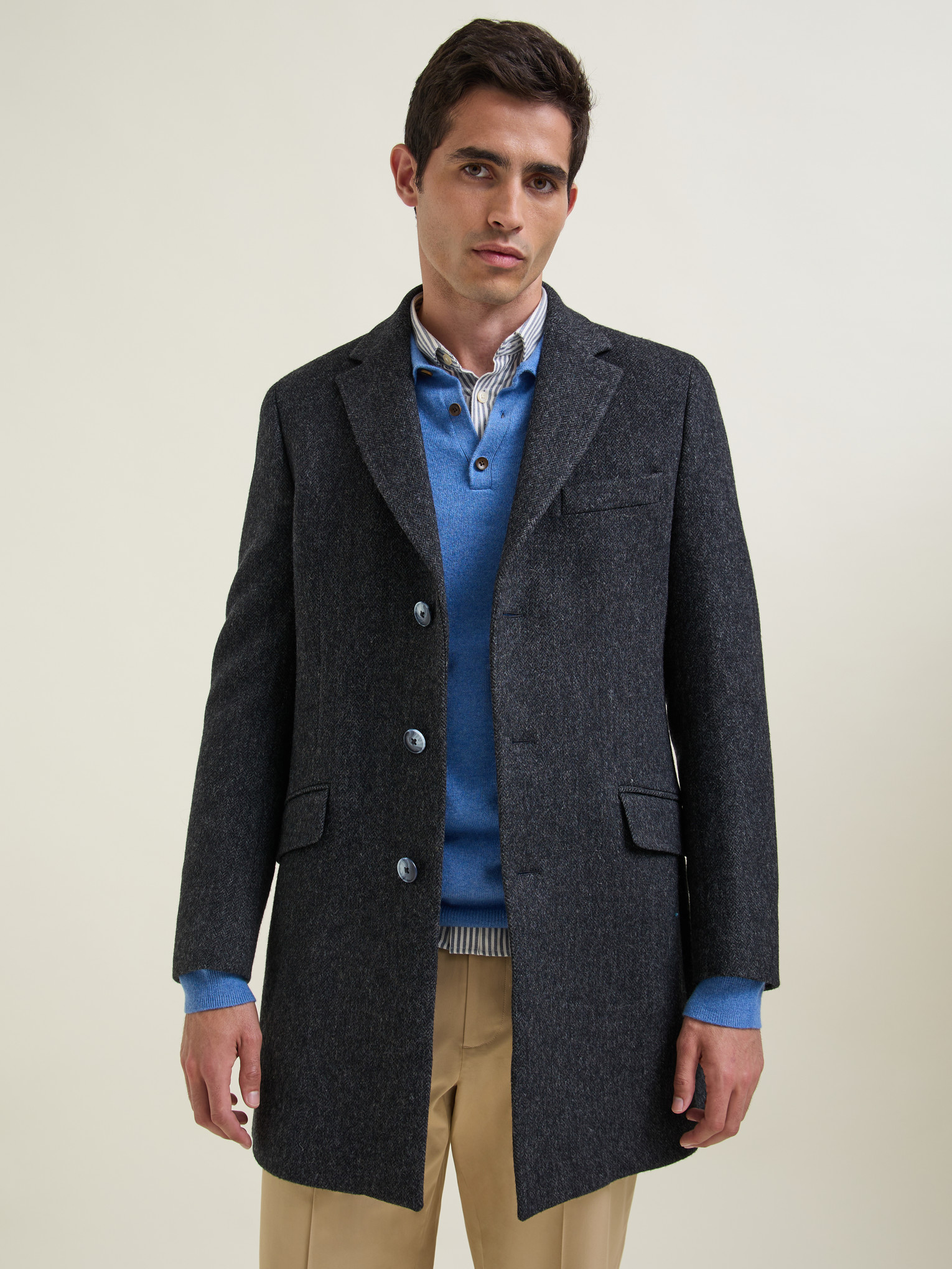 Ulir - Three-quarter length coat in gray herringbone wool and cashmere ...